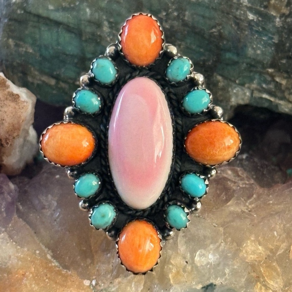 Pink Conch Turquoise Spiny Oyster Statement Sterling … - Gem
